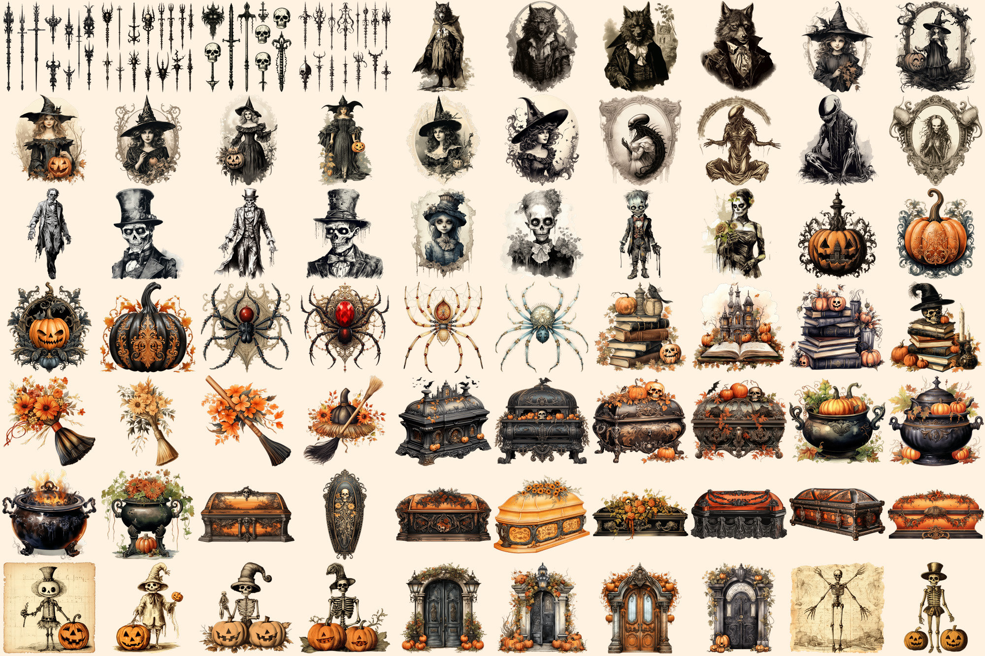 Vintage Halloween Clipart Bundle – 480+ Spooky PNG Graphics (digital ...