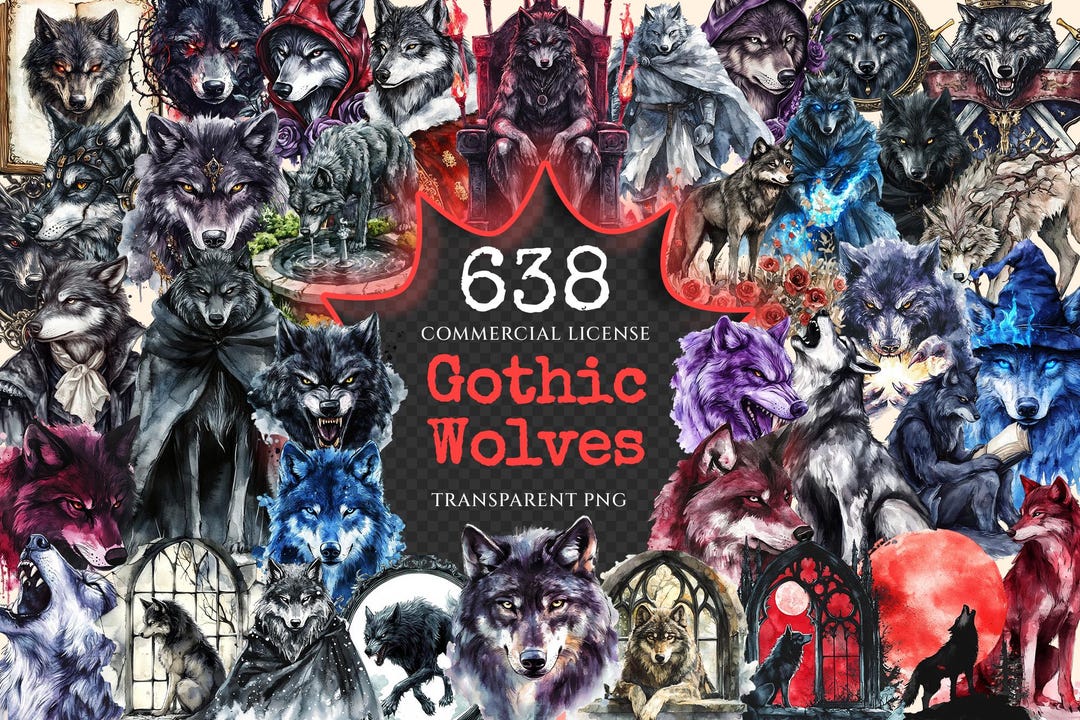 Gothic Wolves Watercolor Clipart Bundle - 630+ Transparent PNG ...