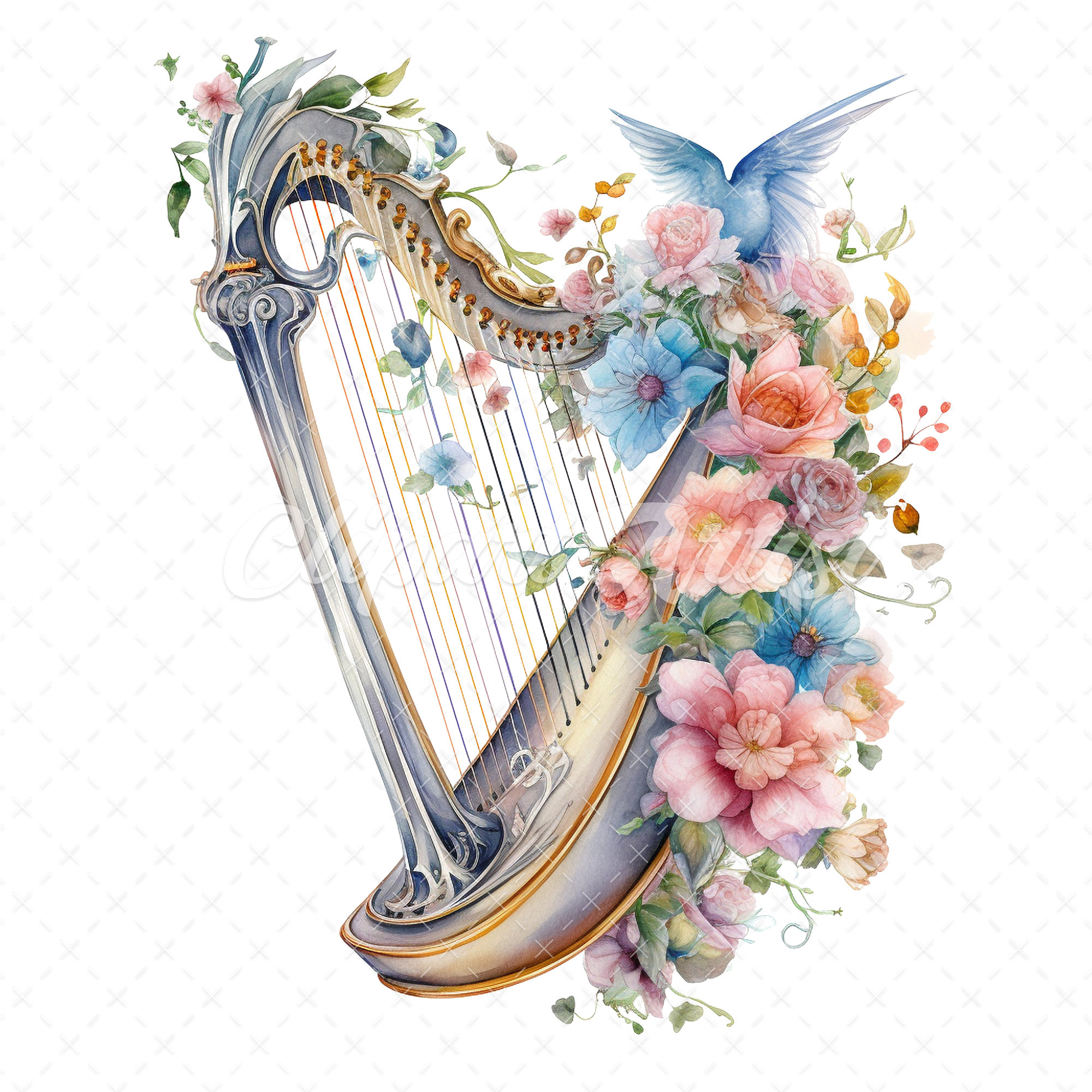 20 High-quality Magical Floral Harp Bird Clipart Floral Harp Digital ...