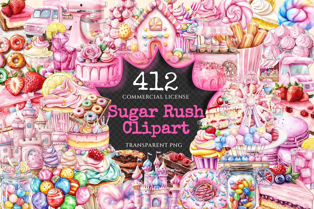 Sugar Rush Watercolor Clipart Bundle - 410+ Transparent PNG, Fun Candy ...