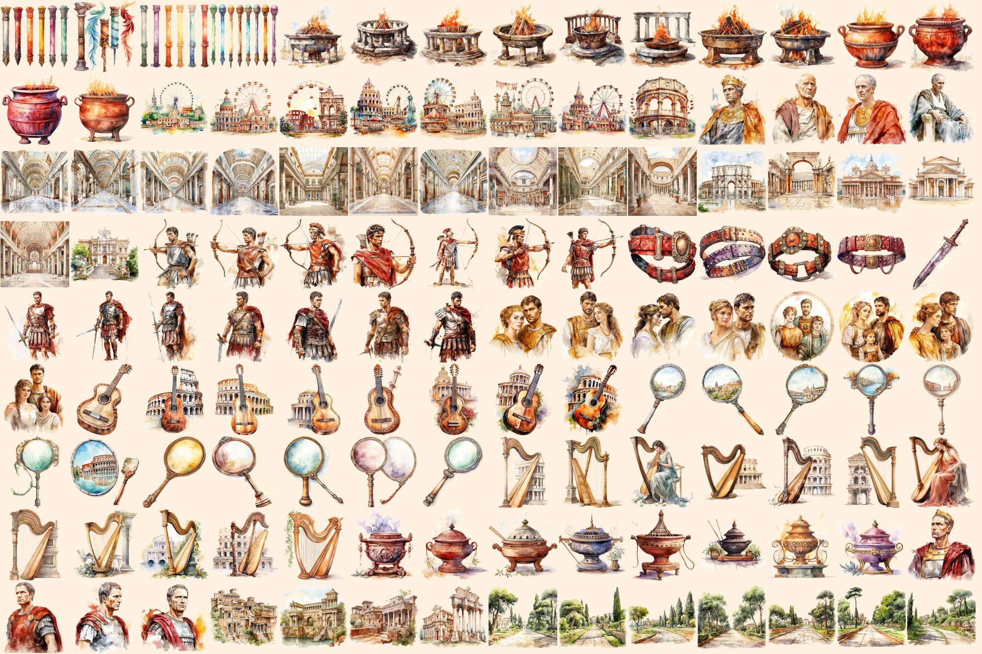 Ancient Rome Watercolor Clipart Bundle – 860+ PNG Graphics (digital ...
