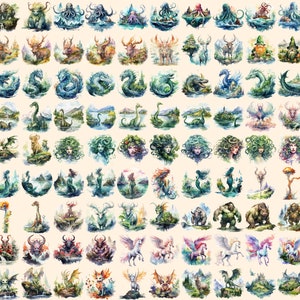 Mythical Creatures Watercolor Clipart Bundle - 845+ Transparent PNG ...