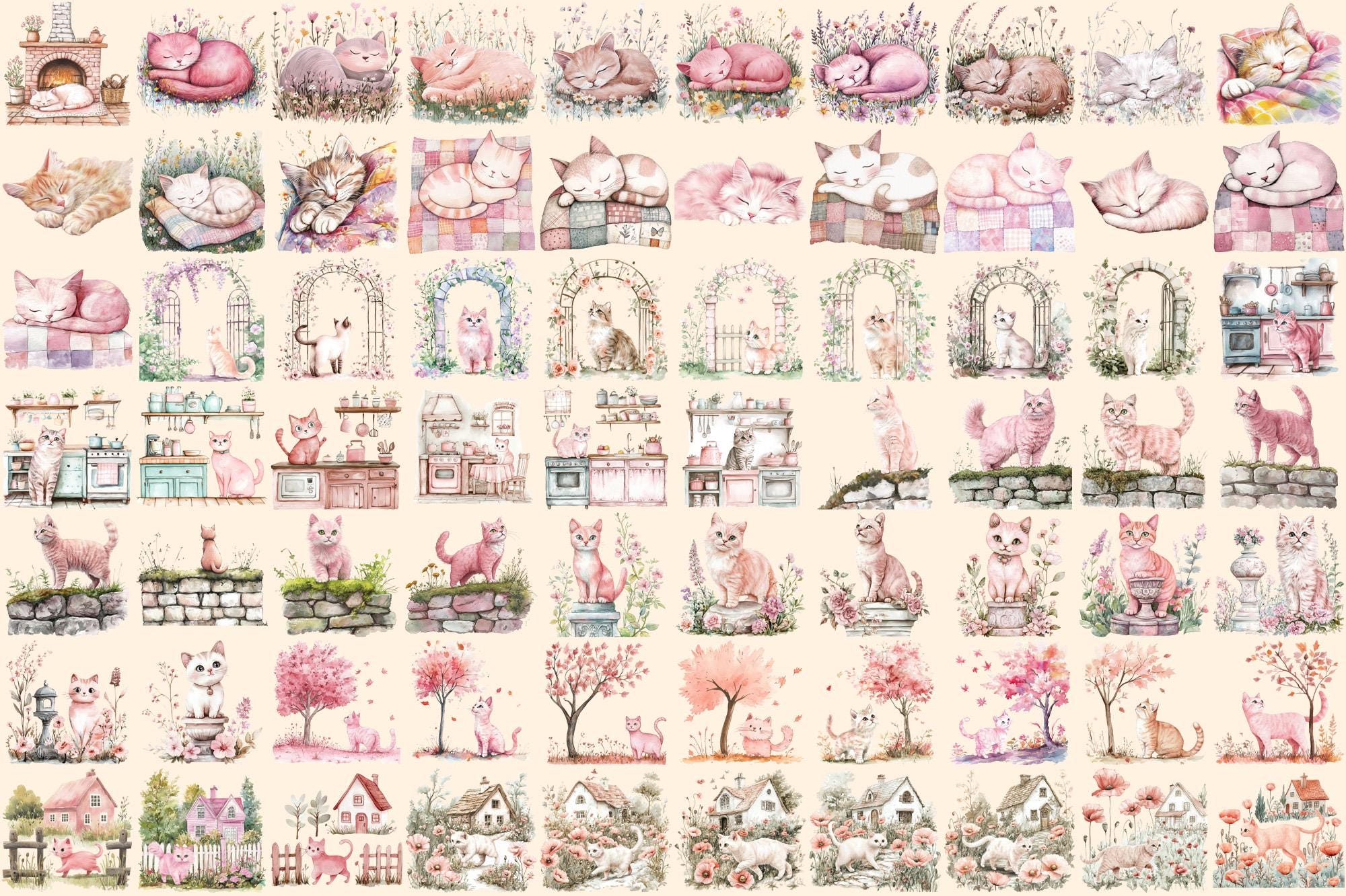 Cottagecore Cats Watercolor Clipart Bundle – 485+ PNG (digital Download ...