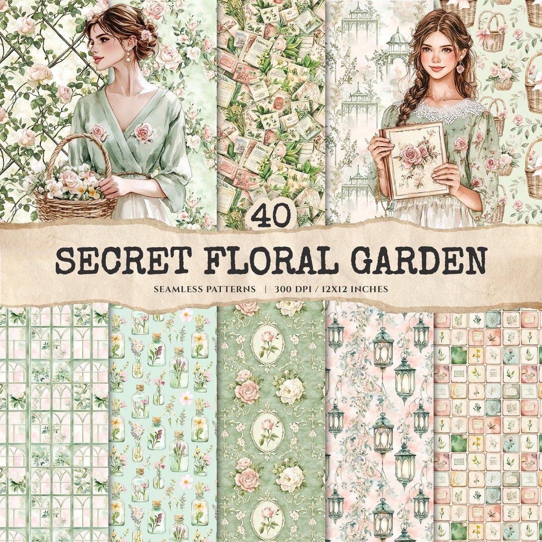 Secret Garden Floral Patterns, Pink Roses, Peonies (digital Scrapbook ...