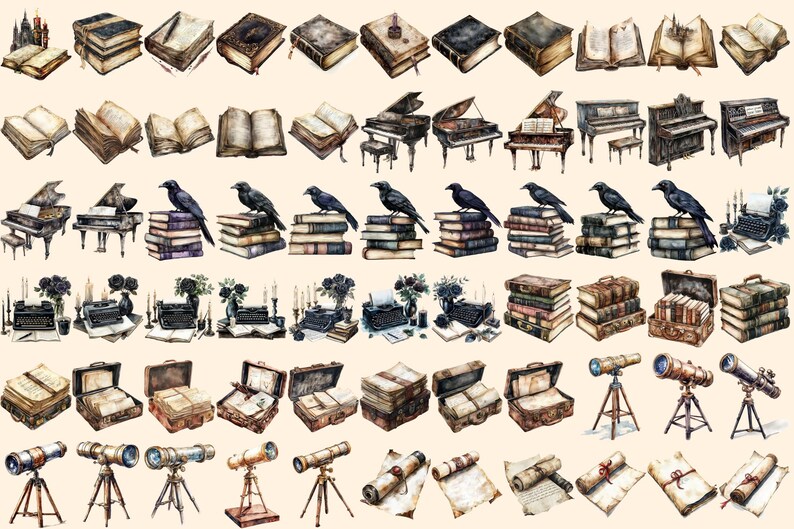 Gothic Academia Watercolor Clipart Bundle – 443+ PNG Images (digital ...