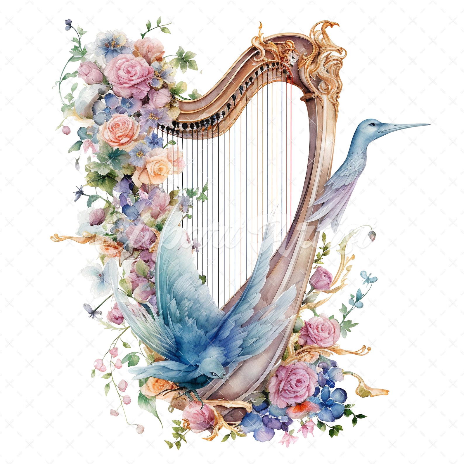 20 High-quality Magical Floral Harp Bird Clipart Floral Harp Digital ...