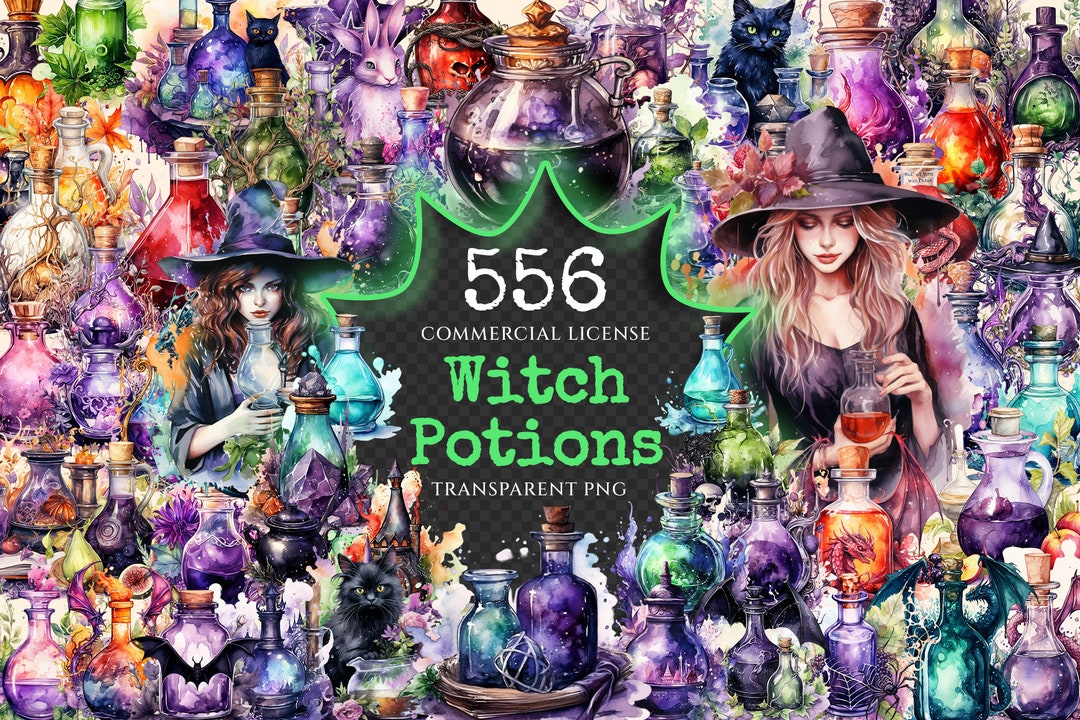 Witch Potions Watercolor Clipart Bundle - 550+ Transparent PNG ...