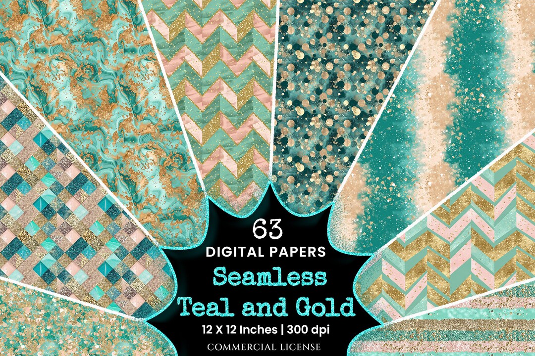 Teal and Gold Seamless Digital Paper - 63 Scrapbook Patterns, Teal Gold ...