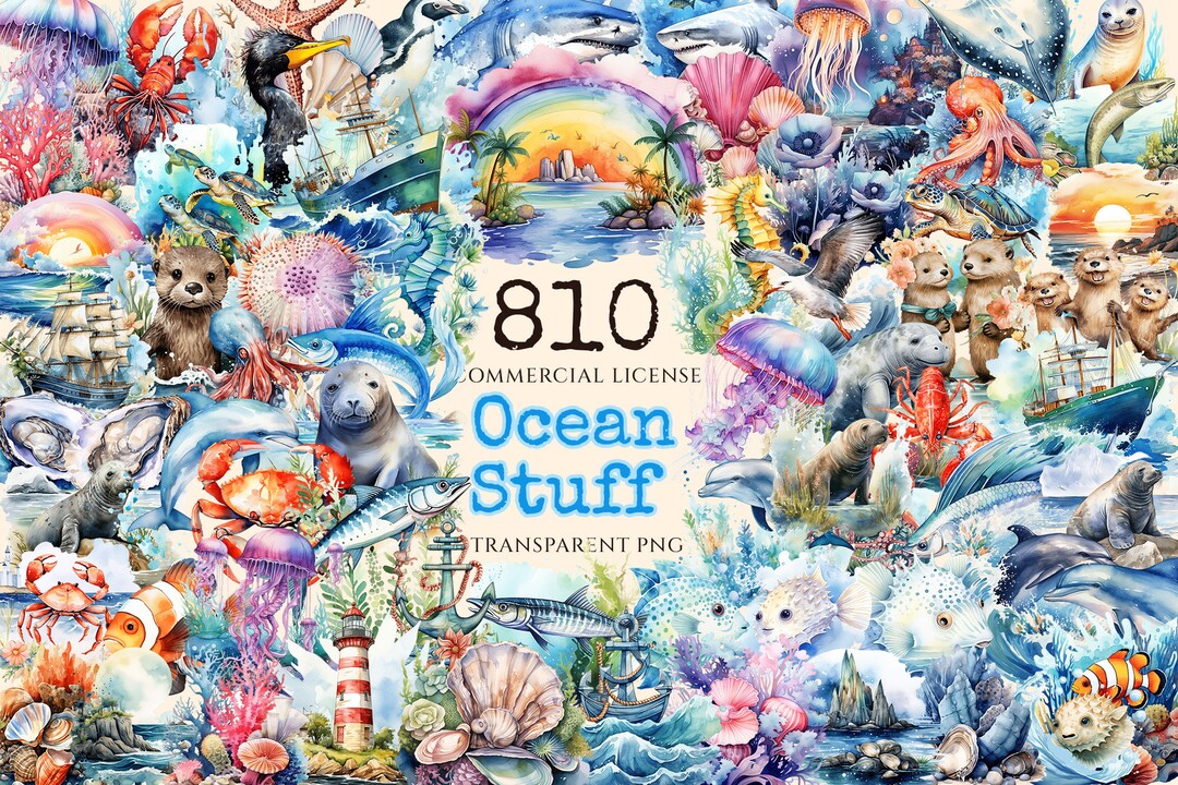 Ocean Stuff Watercolor Clipart Bundle 800 Transparent PNG, Ocean-themed ...