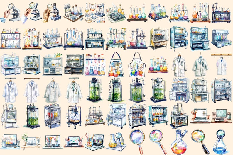 Watercolor Science Lab Clipart – 455+ PNG Graphics (digital Download ...