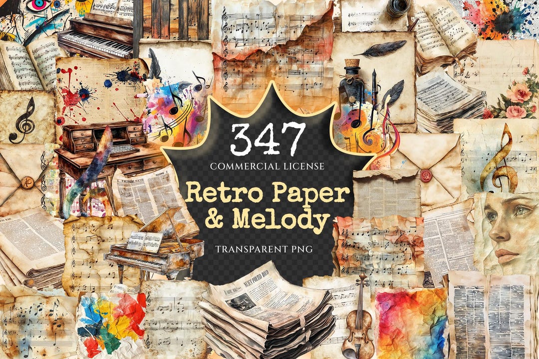 Retro Paper & Melody Watercolor Clipart Bundle - 342+ Transparent PNG ...