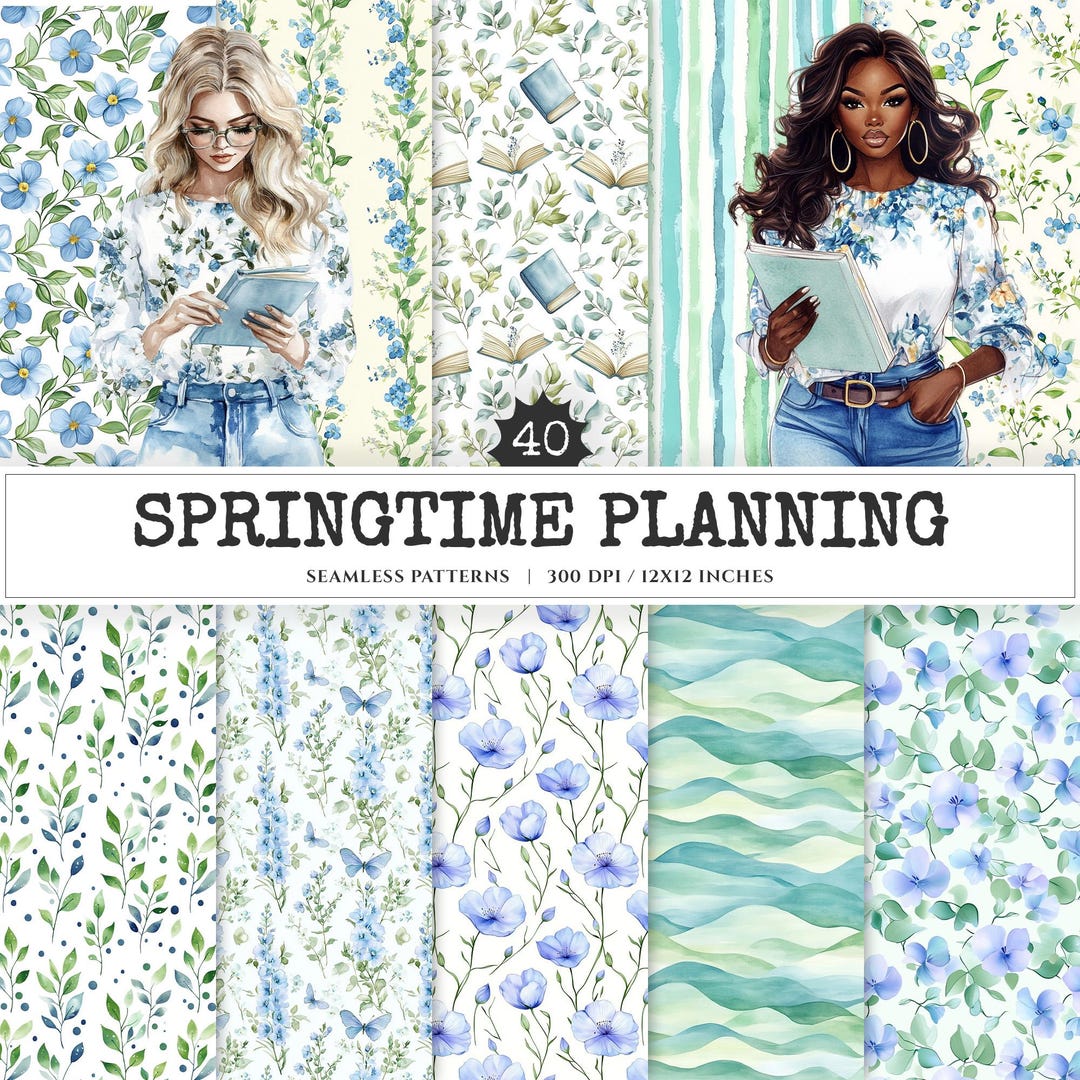 Springtime Planning Seamless Patterns, Cute Spring JPEG, Spring Reading ...