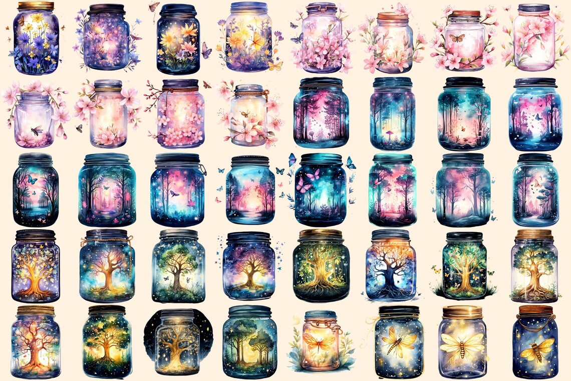 Firefly Jars Watercolor Clipart Bundle – Whimsical PNG Graphics ...