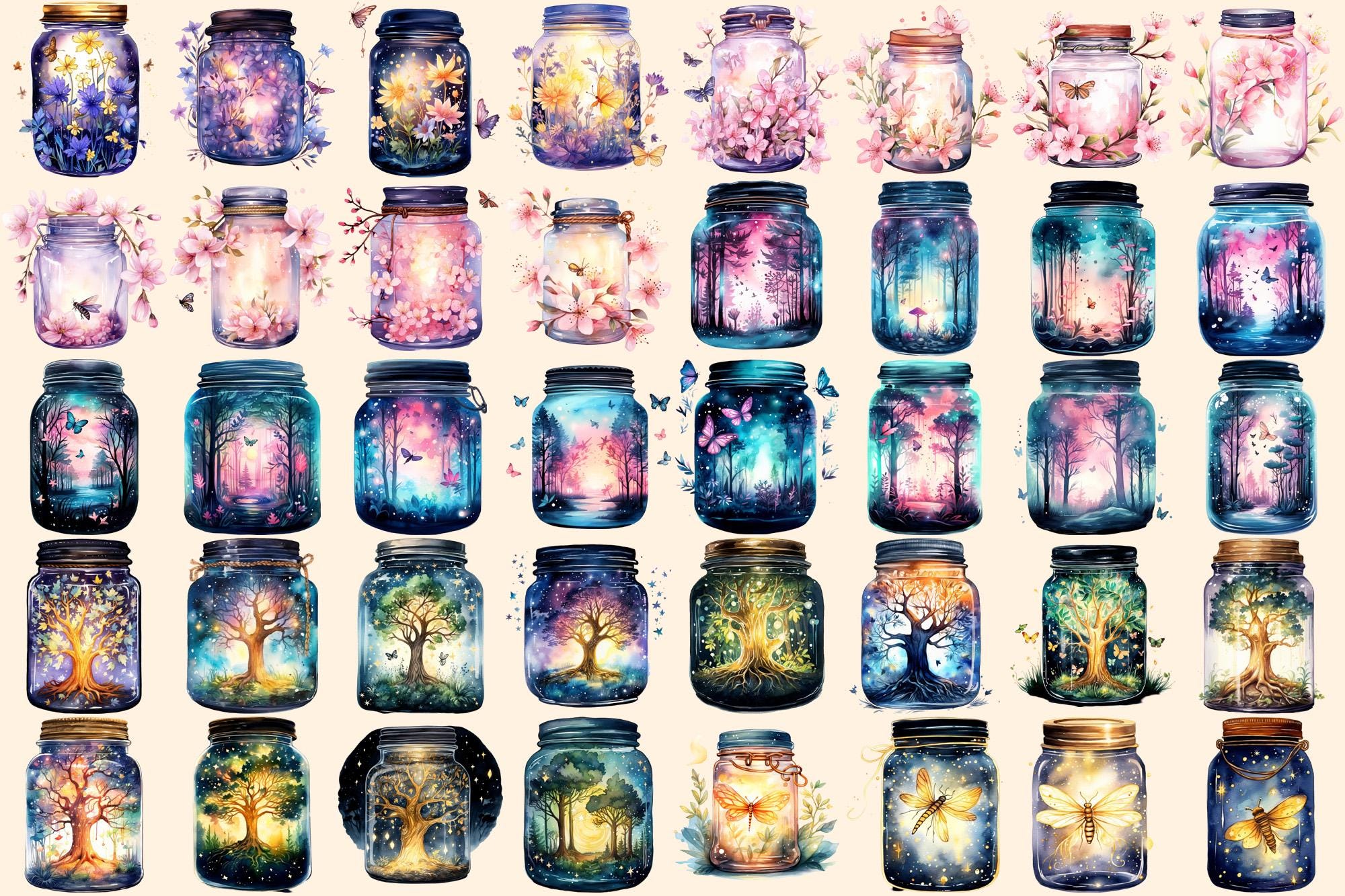 Firefly Jars Watercolor Clipart Bundle – Whimsical PNG Graphics ...