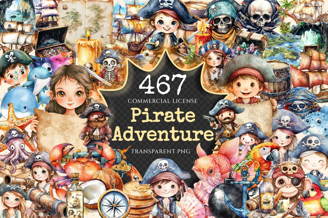 Pirate Adventure Watercolor Clipart Bundle - 462+ Transparent PNG ...