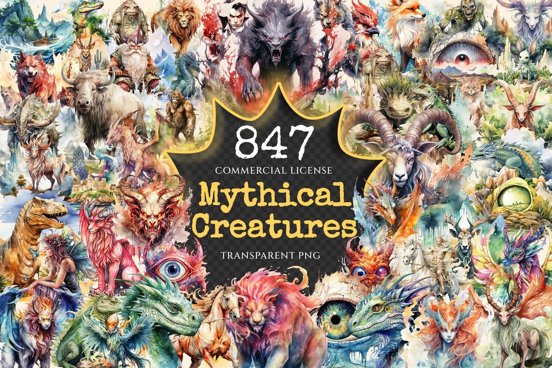 Mythical Creatures Watercolor Clipart Bundle - 845+ Transparent PNG ...