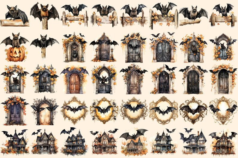Vintage Bats Watercolor Clipart Bundle – 250+ PNG, Halloween (digital ...