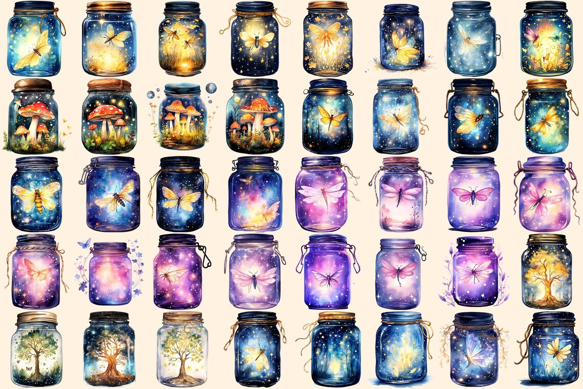 Firefly Jars Watercolor Clipart Bundle – Whimsical PNG Graphics ...