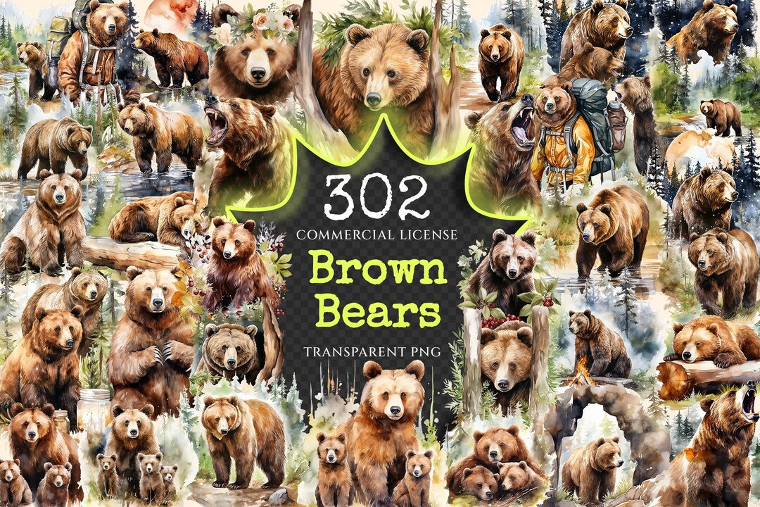 Watercolor Brown Bear Clipart – Forest Wildlife, Grizzly PNG (digital ...