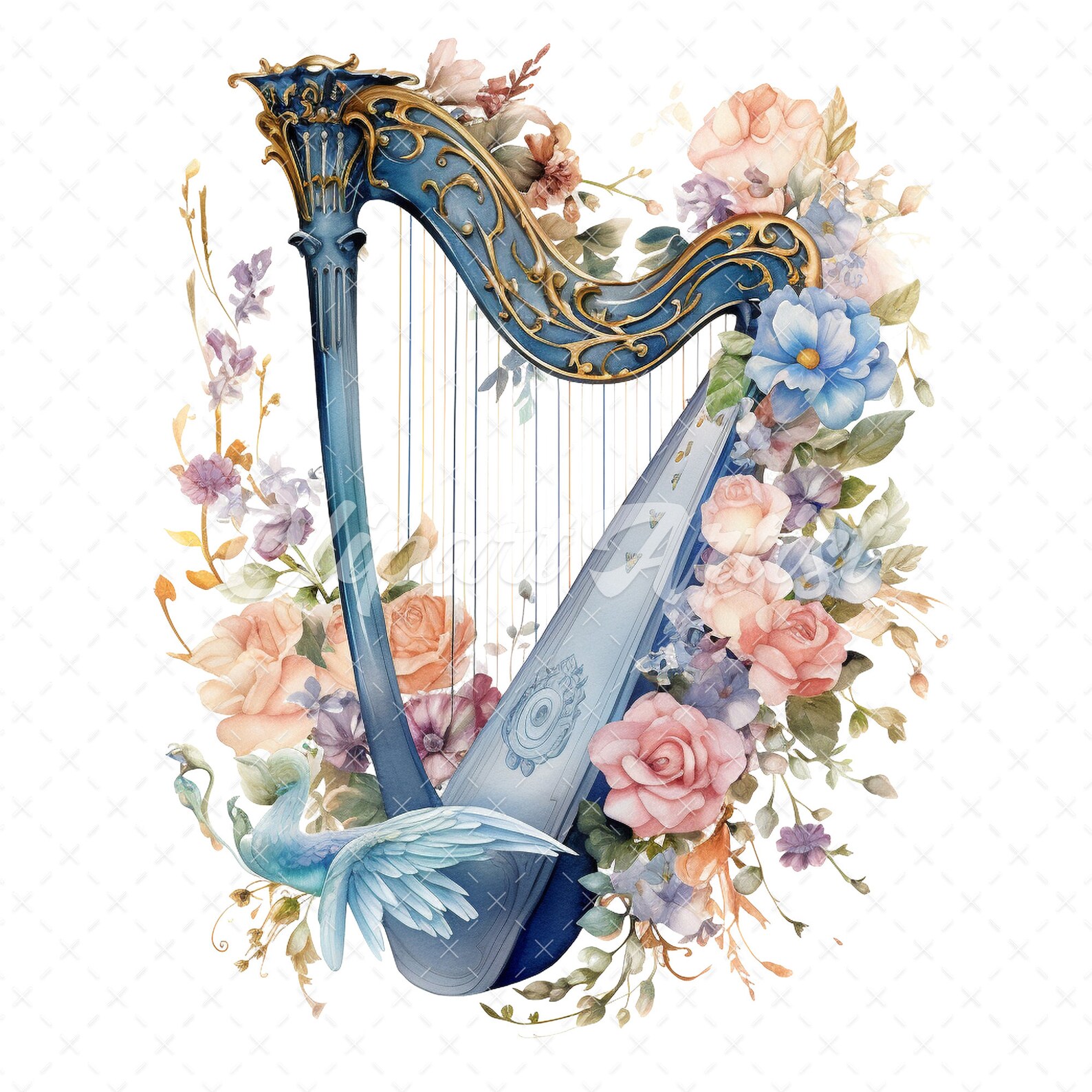 20 High-quality Magical Floral Harp Bird Clipart Floral Harp Digital ...