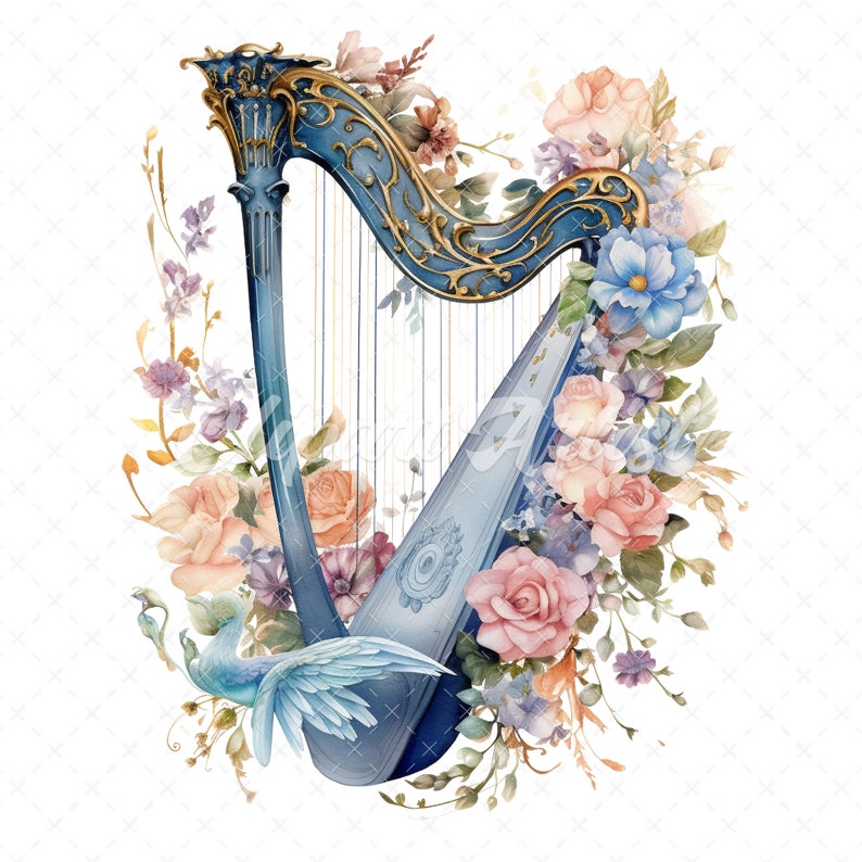 20 High-quality Magical Floral Harp Bird Clipart Floral Harp Digital ...