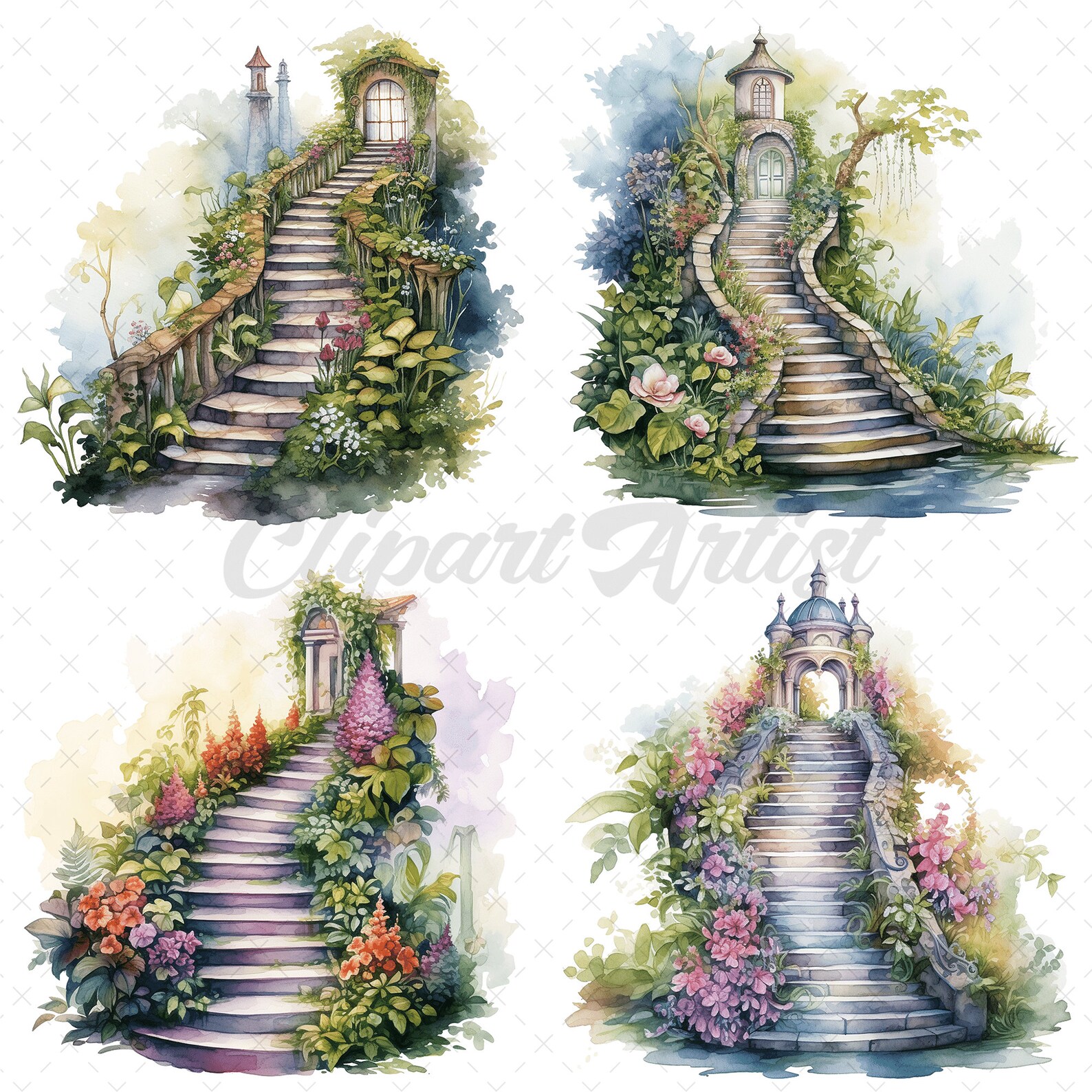 20 High-quality Fantasy Stairs Clipart Green Fantasy Watercolor Stairs ...