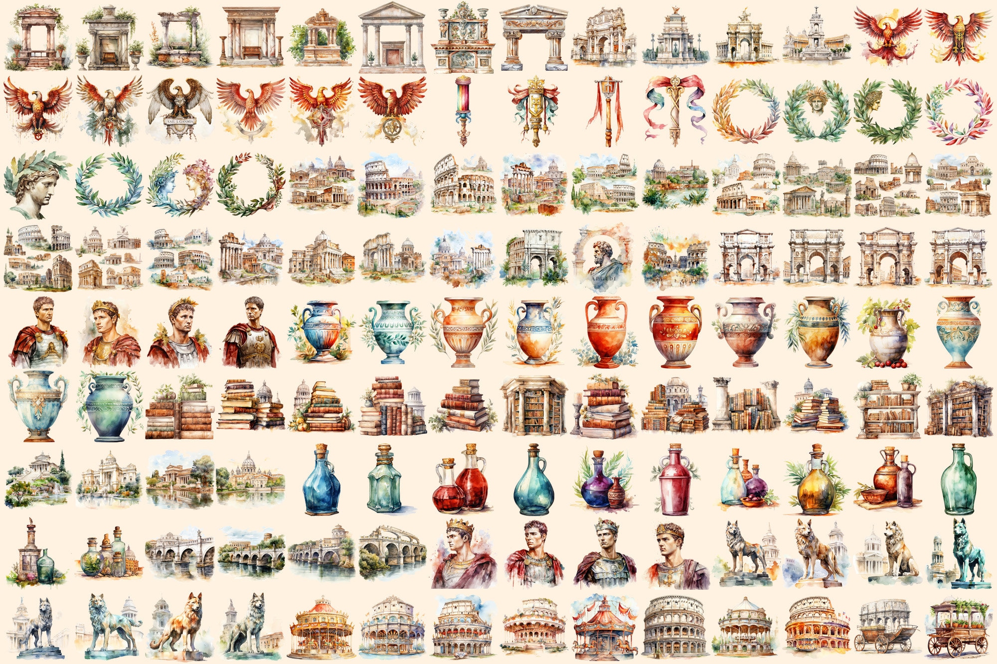 Ancient Rome Watercolor Clipart Bundle – 860+ PNG Graphics (digital ...