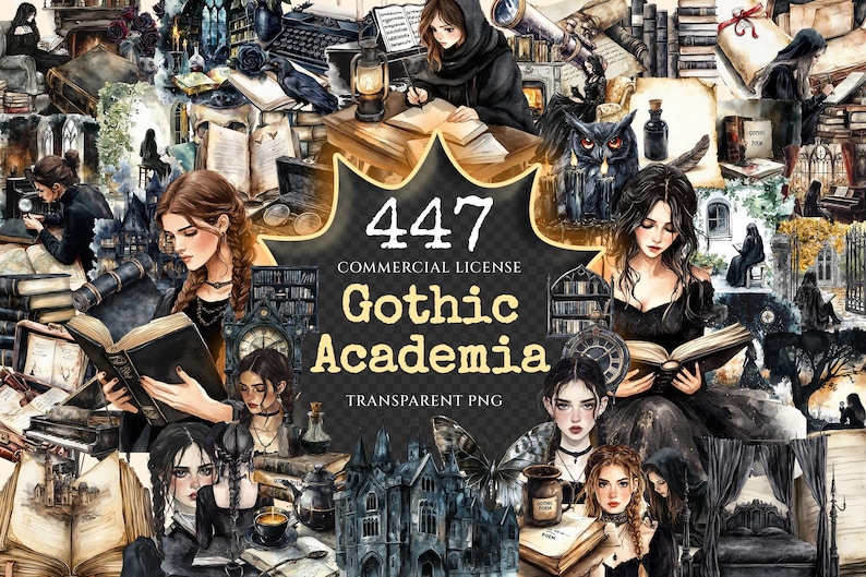 Gothic Academia Watercolor Clipart Bundle – 443+ PNG Images (digital ...