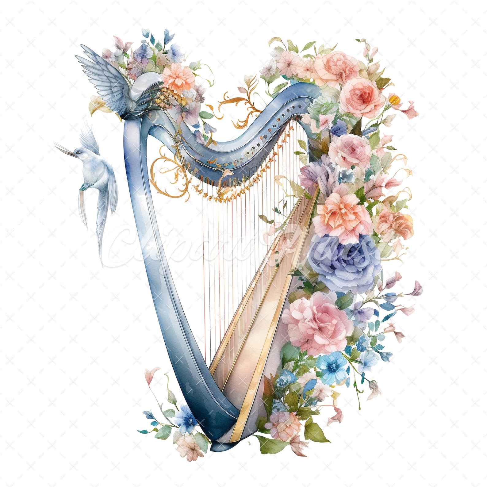 20 High-quality Magical Floral Harp Bird Clipart Floral Harp Digital ...