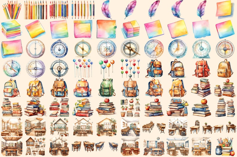 Watercolor School Supplies Clipart – 535+ PNG, Commercial Use (digital ...