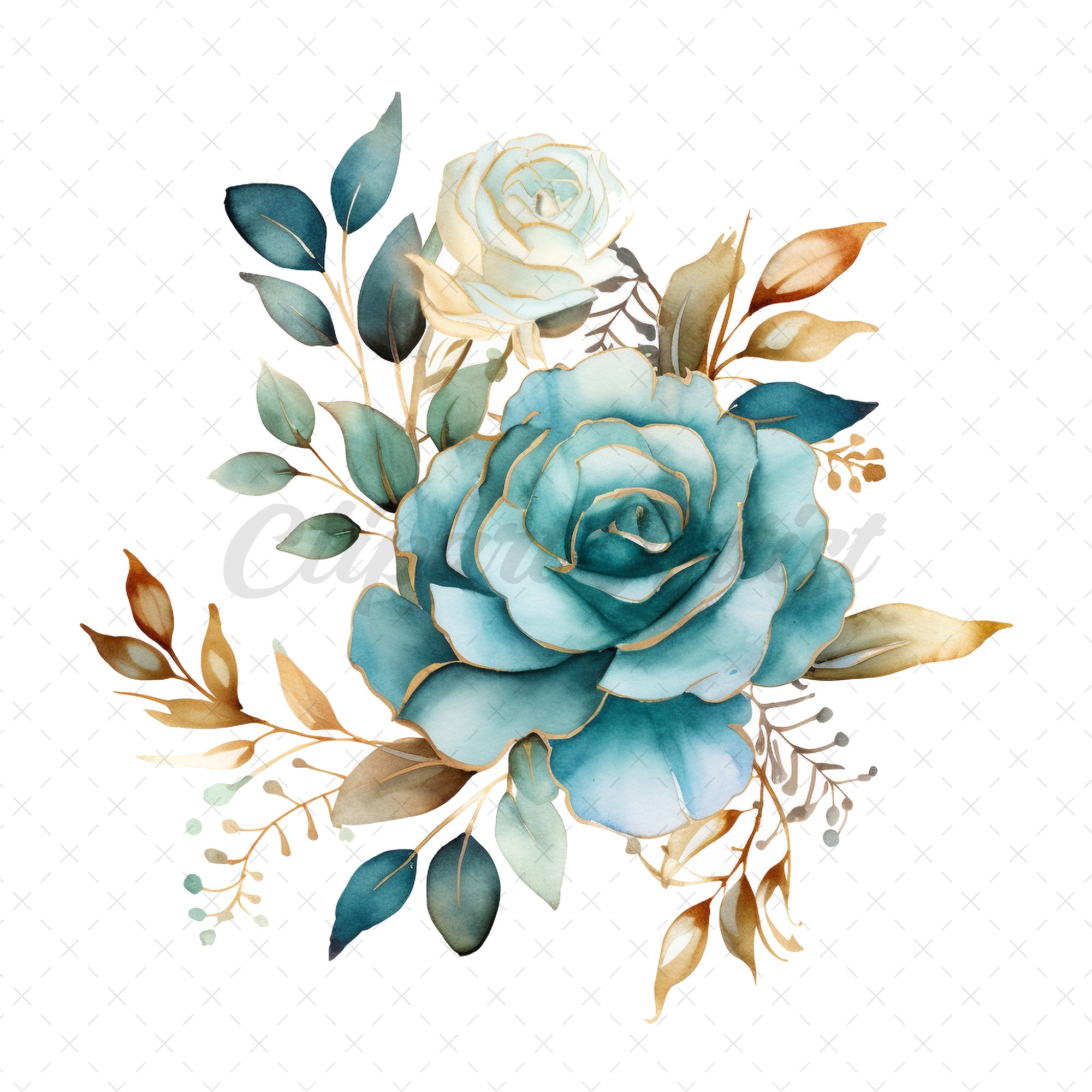 20 High-quality Teal Gold Floral Rose Clipart Floral Rose - Etsy
