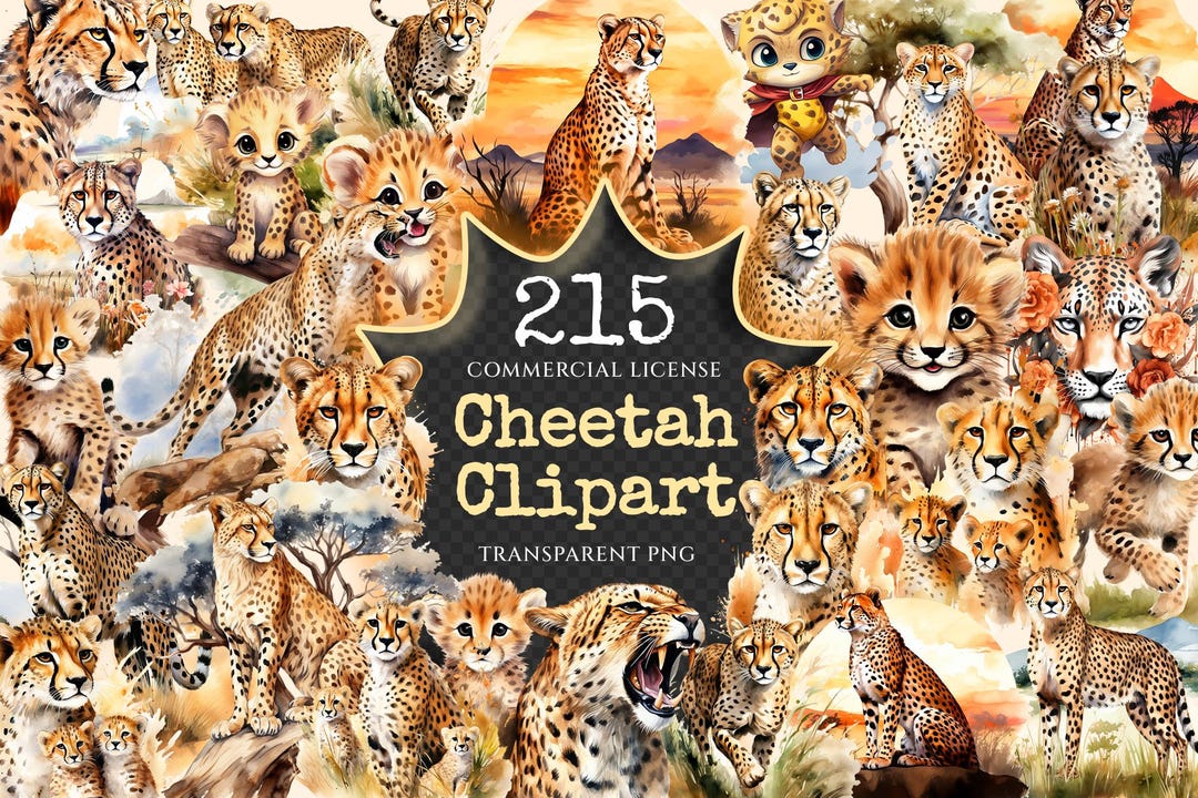 Cheetah Watercolor Clipart Bundle - 211+ Transparent PNG, Safari ...