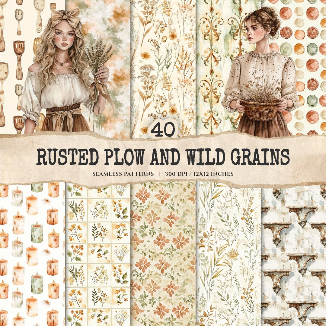 Farmhouse Rusted Plow Seamless Pattern, Wild Grains Paper (digital ...