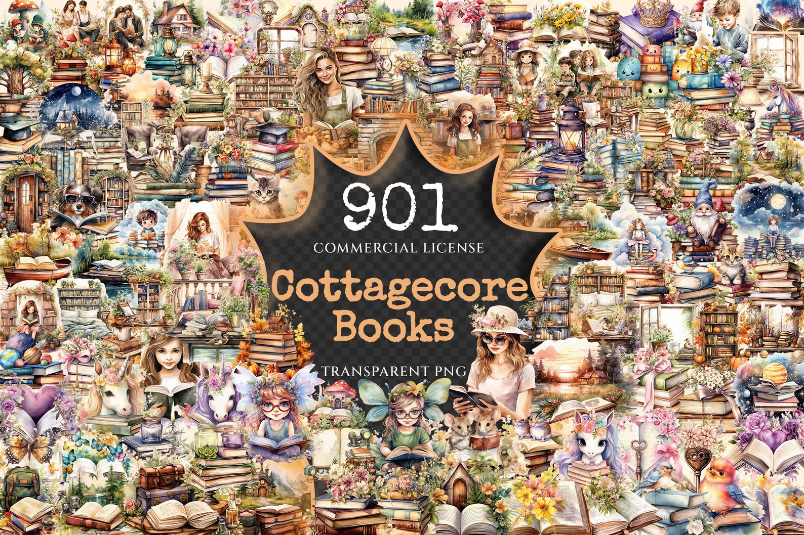 Cottagecore Books Watercolor Clipart Bundle – 900+ PNG (digital ...