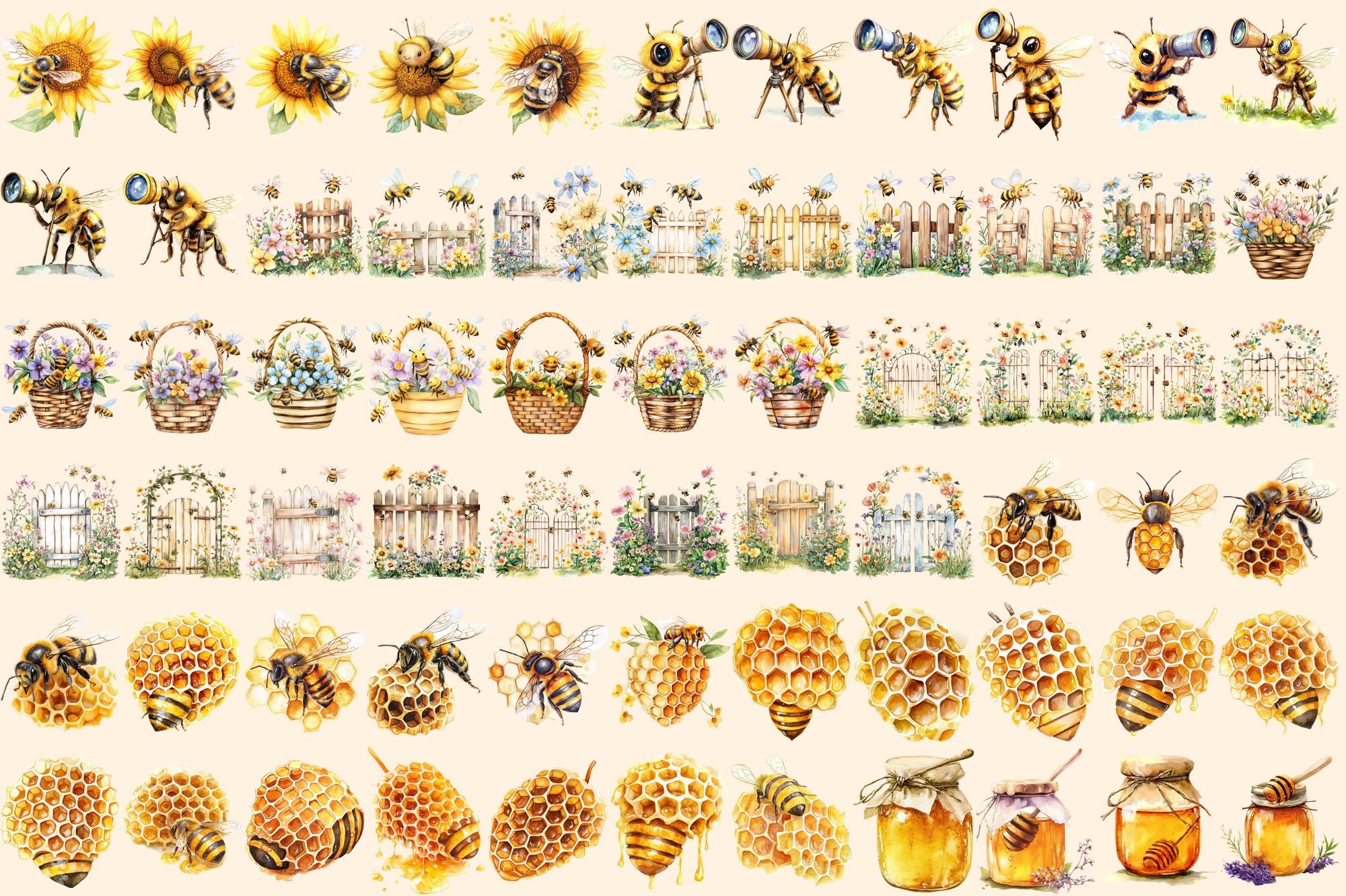 Watercolor Honey Bee Clipart Bundle – 440+ PNG Graphics (digital ...