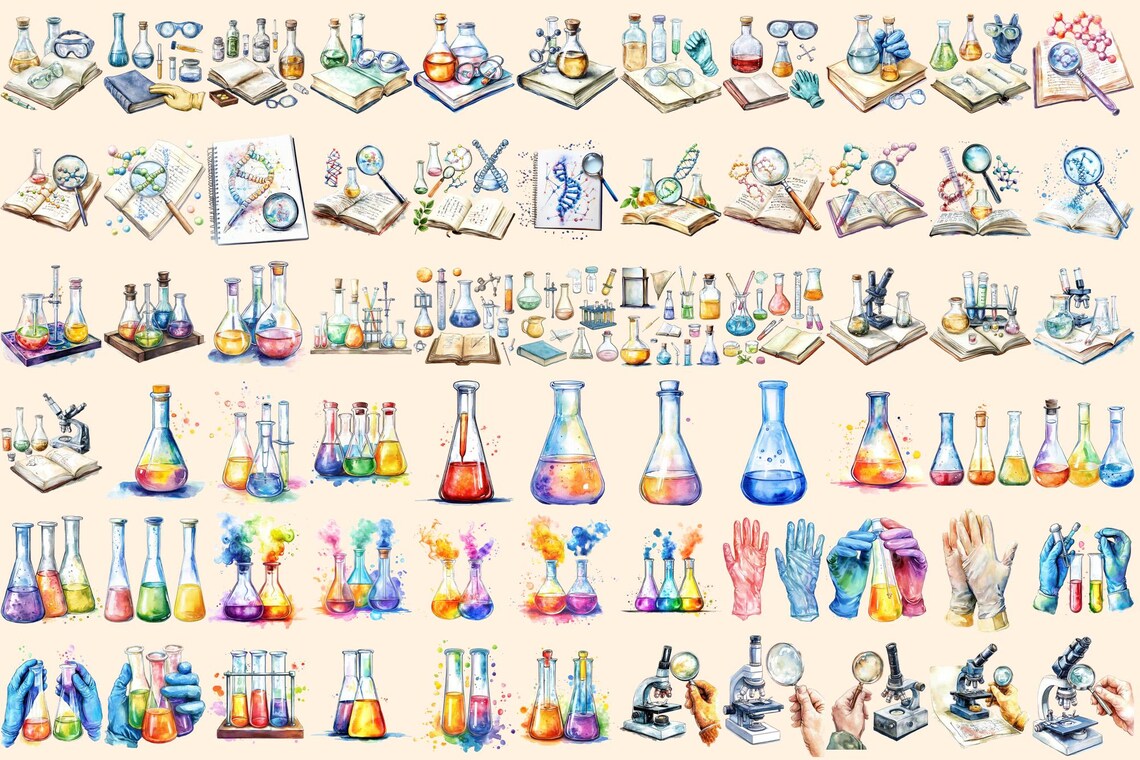 Watercolor Science Lab Clipart – 455+ PNG Graphics (digital Download ...