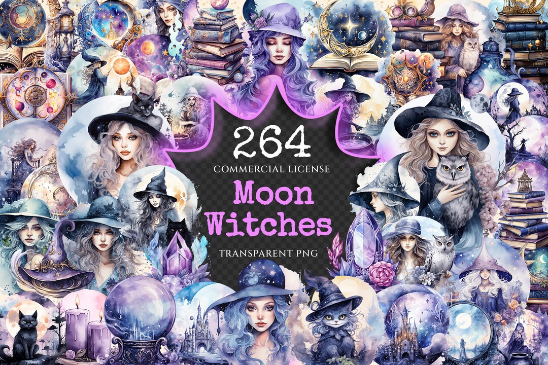 Moon Witches Watercolor Clipart Bundle - 260+ Transparent PNG, Fantasy ...