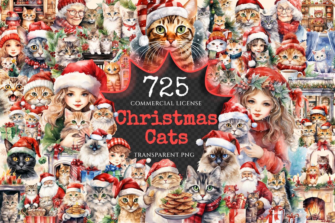 Christmas Cats Watercolor Clipart Bundle - 721+ Transparent PNG ...
