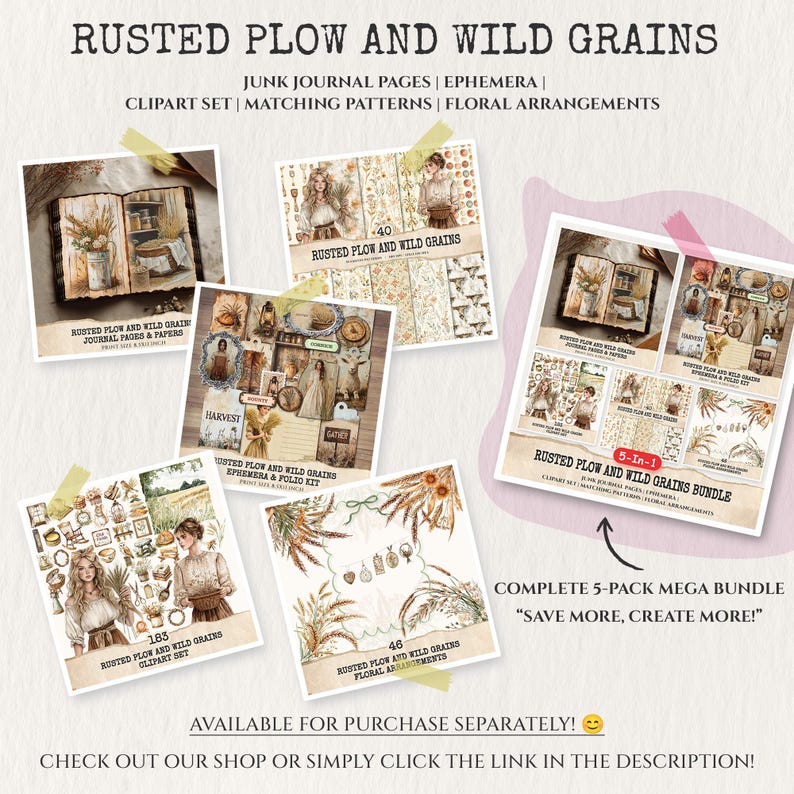 Farmhouse Rusted Plow Seamless Pattern, Wild Grains Paper (digital ...