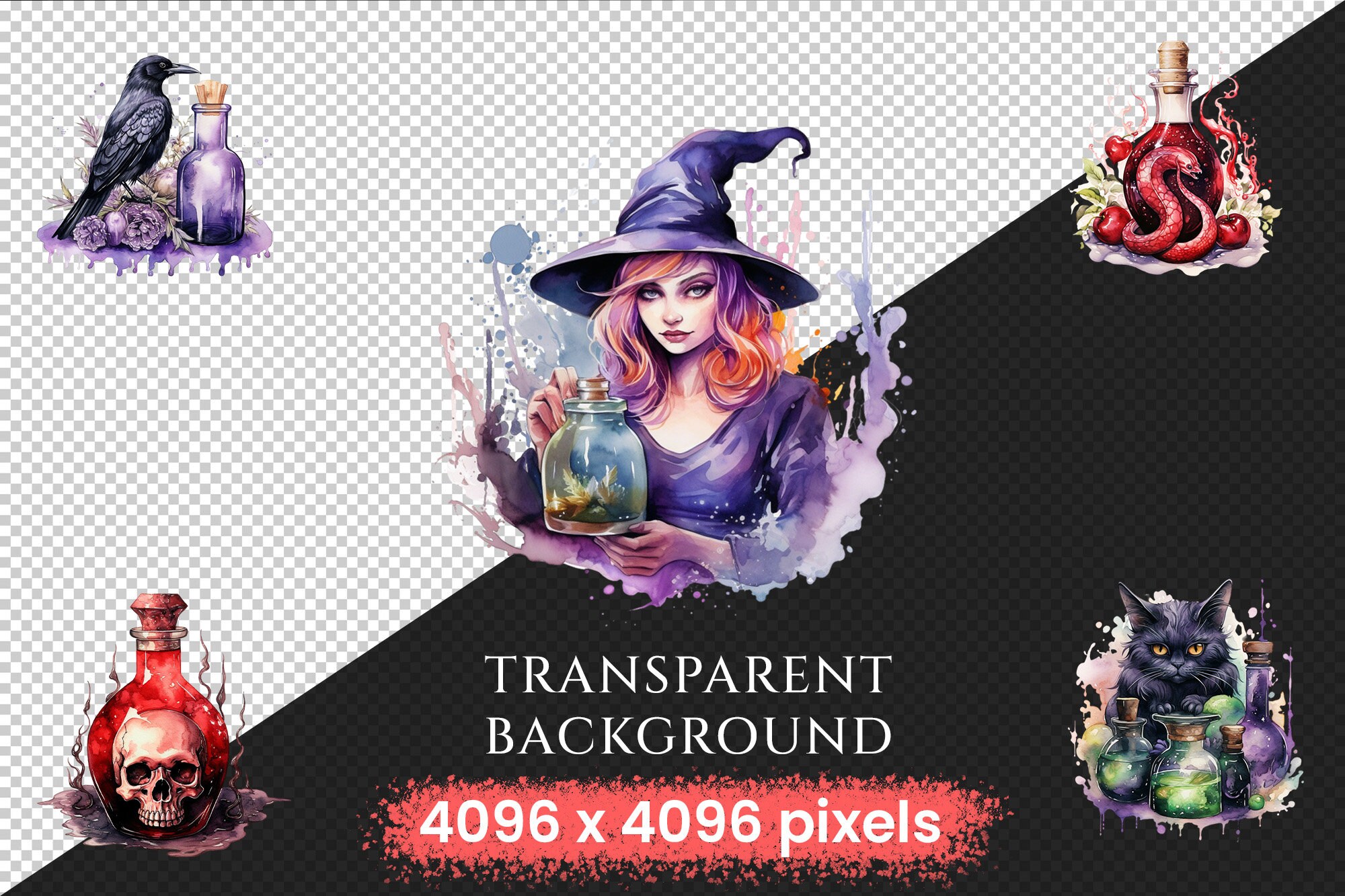 Watercolor Witch Potions Clipart Bundle – 550+ PNG Graphics (digital ...