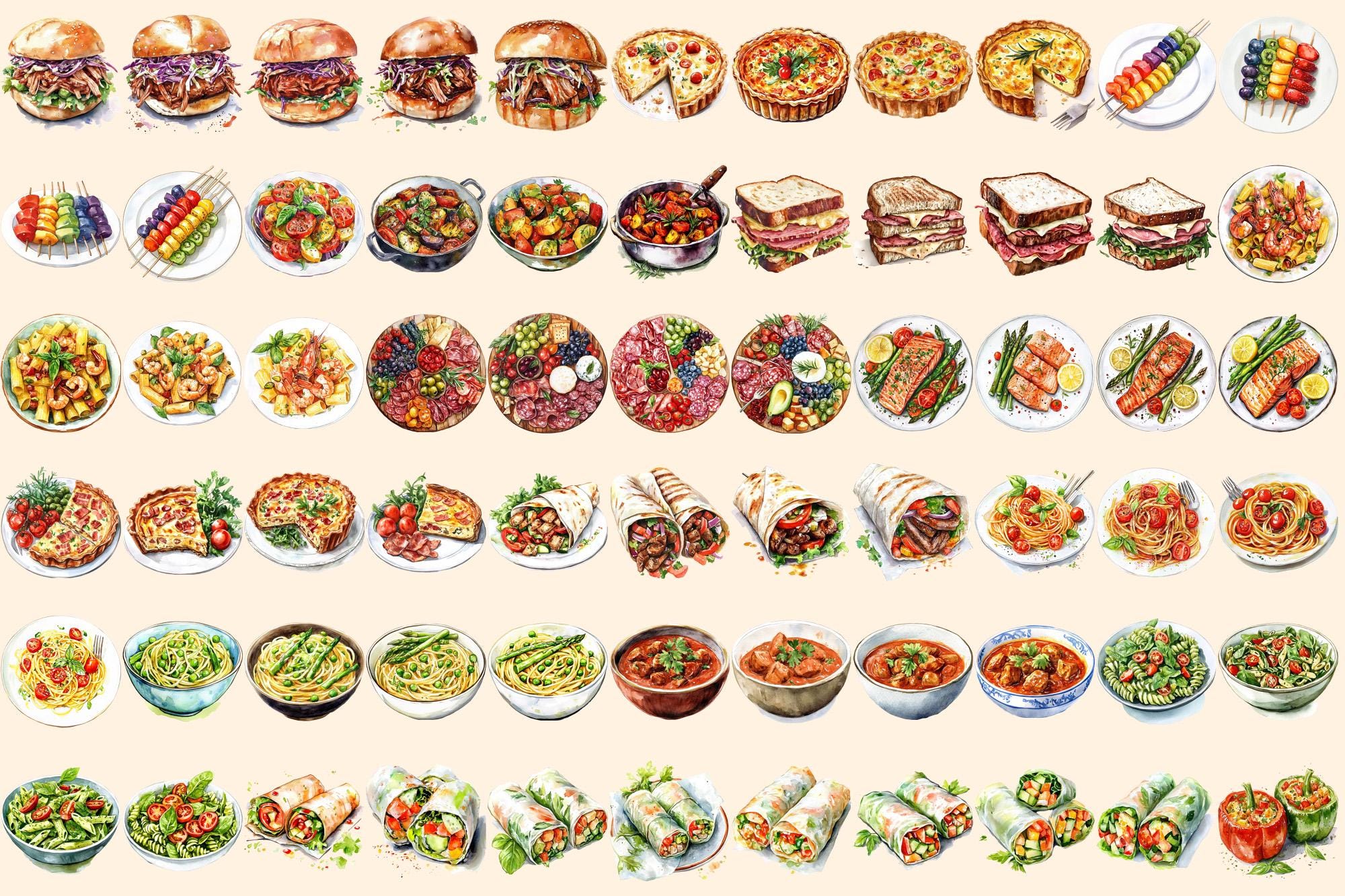 Watercolor Lunch Foods Clipart Bundle – 450+ PNG, Commercial Use ...