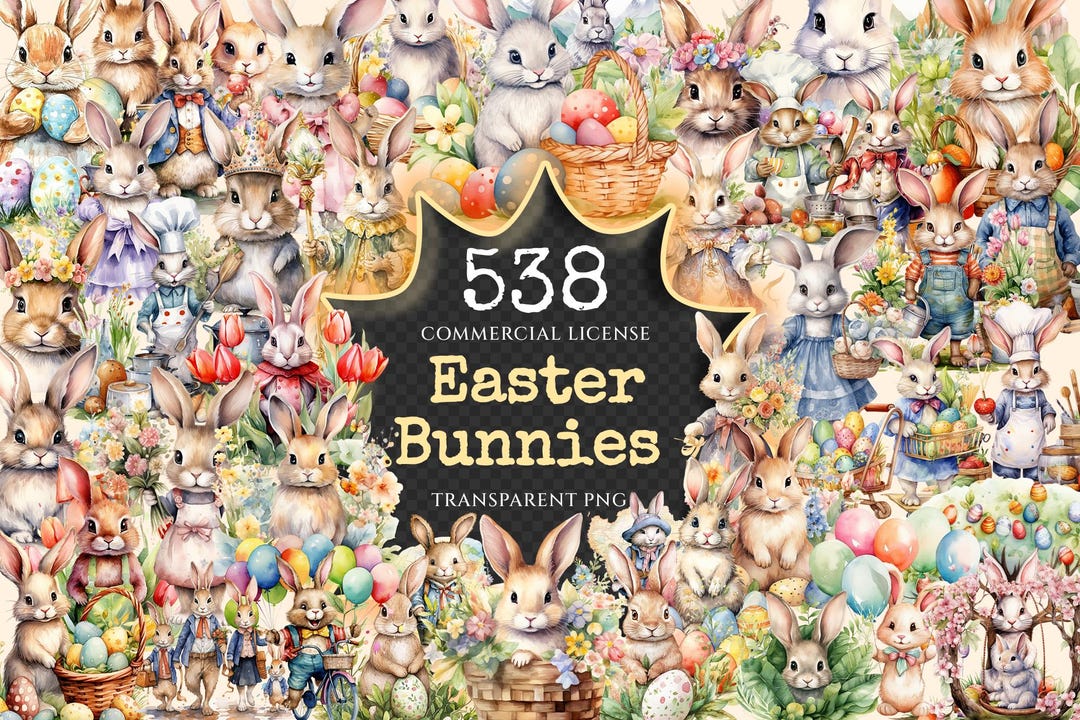 Watercolor Easter Bunnies Clipart Bundle – 535+ PNG Graphics (digital ...
