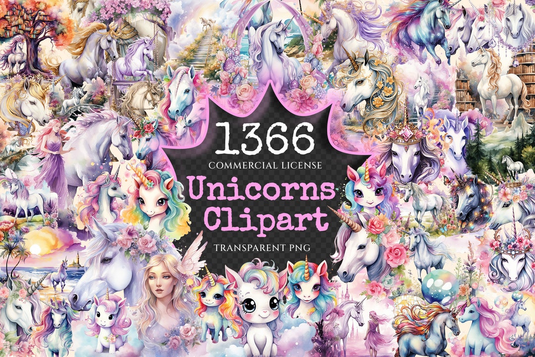 Unicorns Watercolor Clipart Bundle - 1360+ Transparent PNG, Magical ...