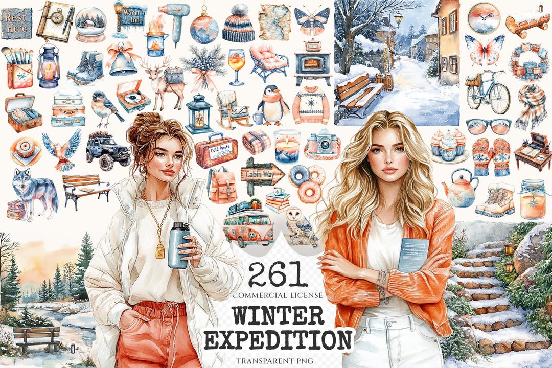 Winter Expedition Watercolor Clipart Set – 260+ PNG, Travel ...