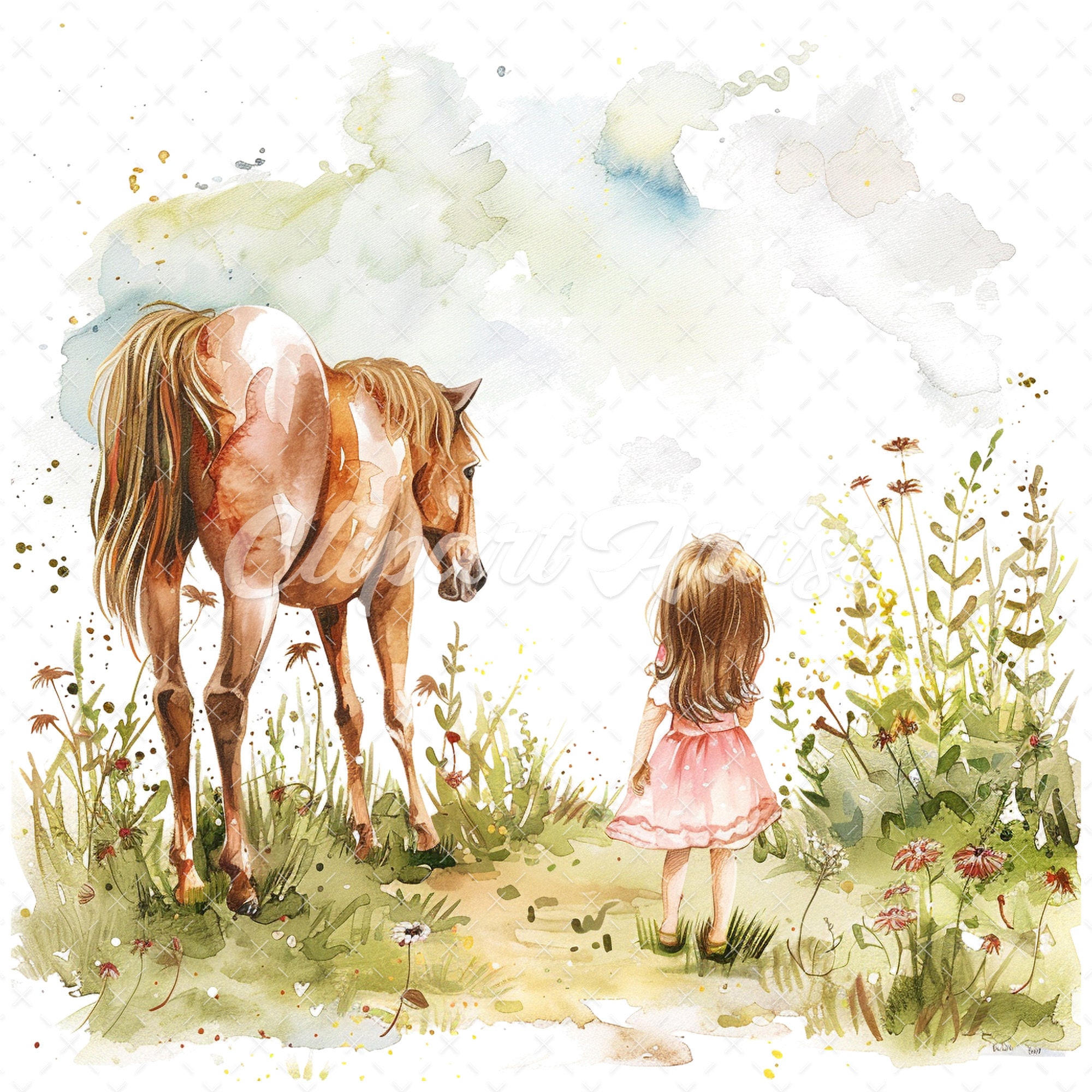 Watercolor Girl and Horse Clipart – Commercial Use (digital Download ...