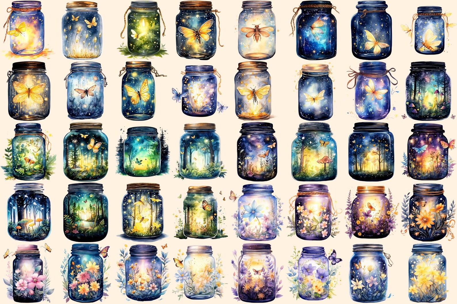 Firefly Jars Watercolor Clipart Bundle – Whimsical PNG Graphics ...