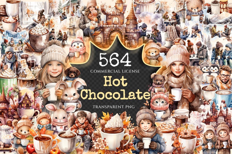 Hot Chocolate Watercolor Clipart Bundle – 560+ PNG Images (digital ...