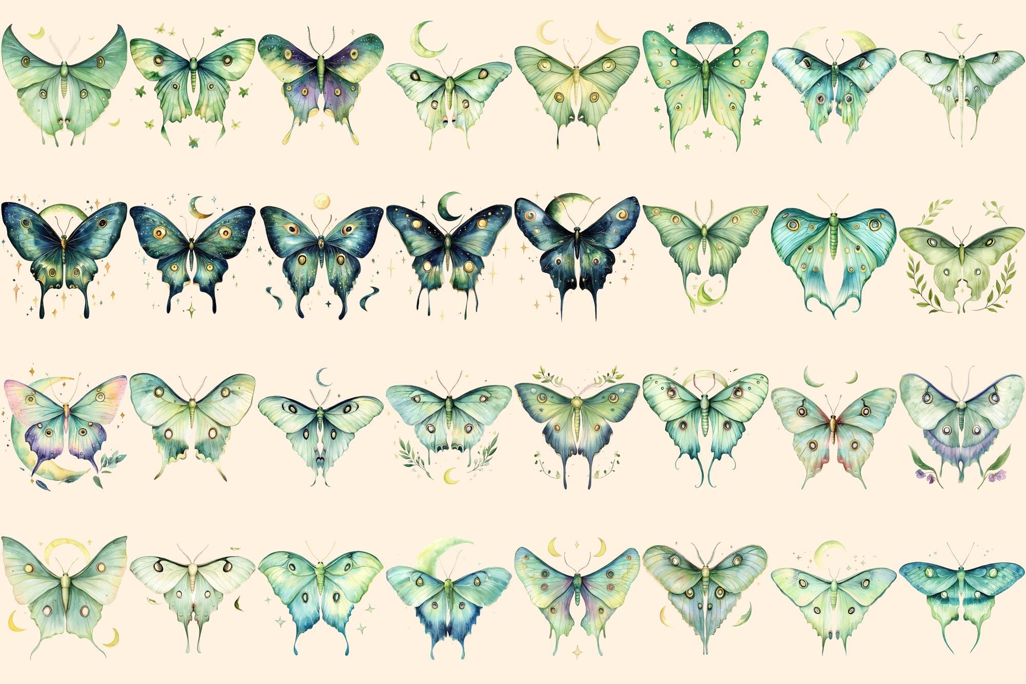 Luna Moth Watercolor Clipart – Mystical Insect Graphics (digital ...
