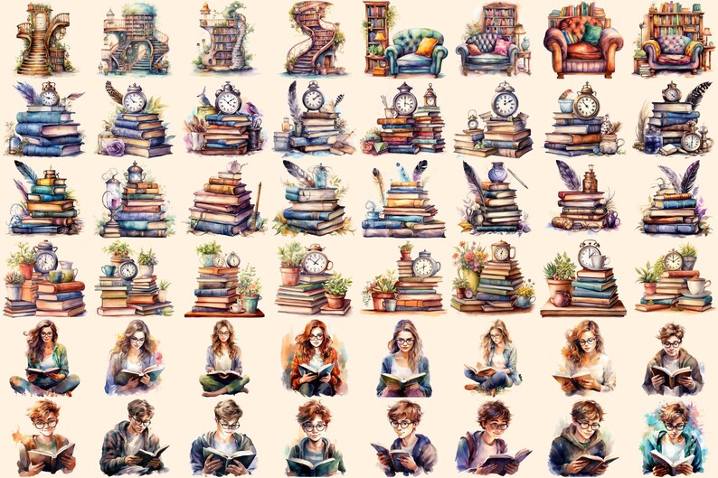 Watercolor Bookworms Clipart Bundle – Whimsical Story Graphics (digital ...