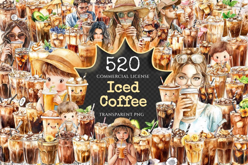 Iced Coffee Watercolor Clipart Bundle – 515+ PNG Graphics (digital ...